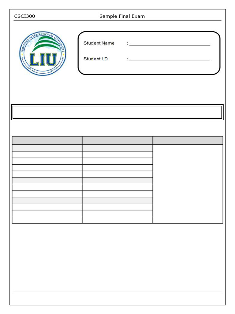 CSCI300 - Sample Final Exam | PDF | Method (Computer Programming) | Systems Architecture