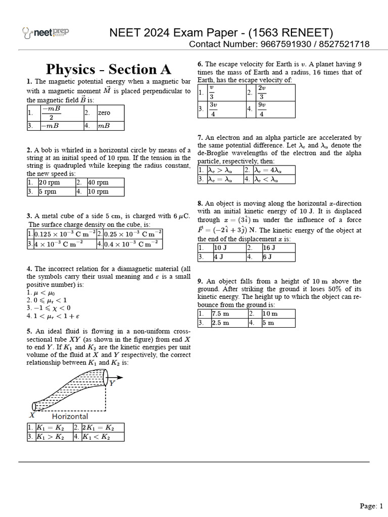Neet 2024 Exam Paper - (1563 Reneet) | PDF | Chemical Equilibrium ...