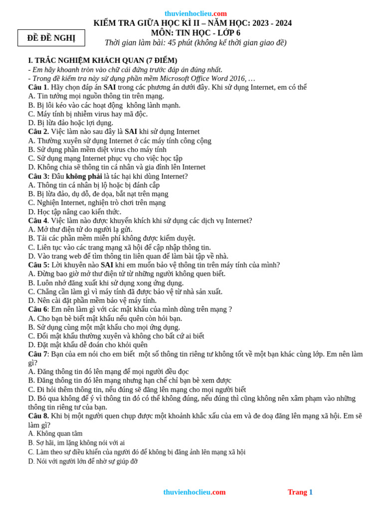 De Kiem Tra Giua HK2 Tin 6 Canh Dieu 23 24 | PDF