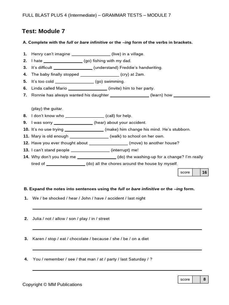 Full Blast PLUS 4 (Intermediate) - Grammar Tests - Mod 7 | PDF