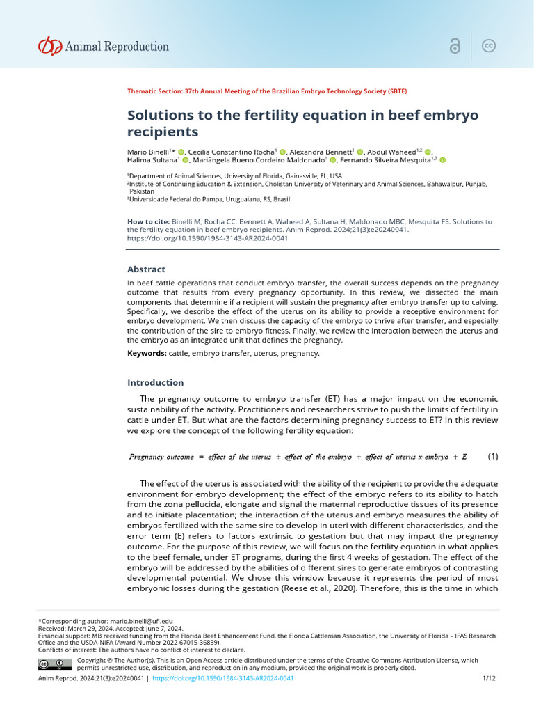 Solutions To The Fertility Equation in Beef Embryo Recipients | PDF ...