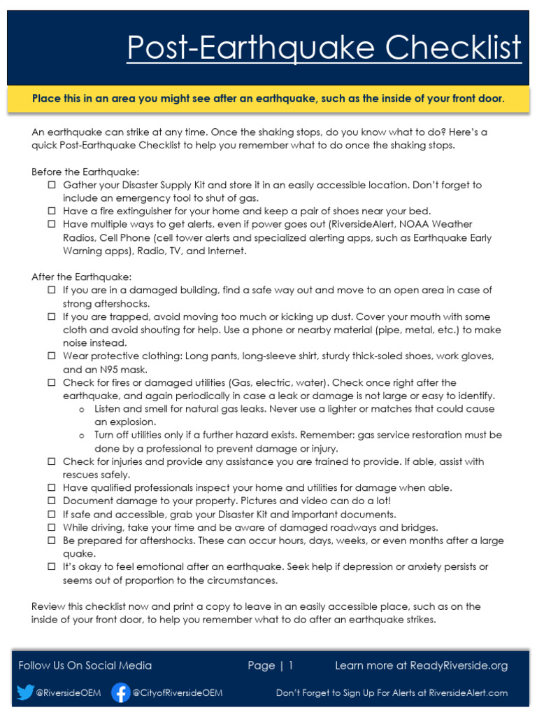 Post-Earthquake Checklist | PDF | Earthquakes