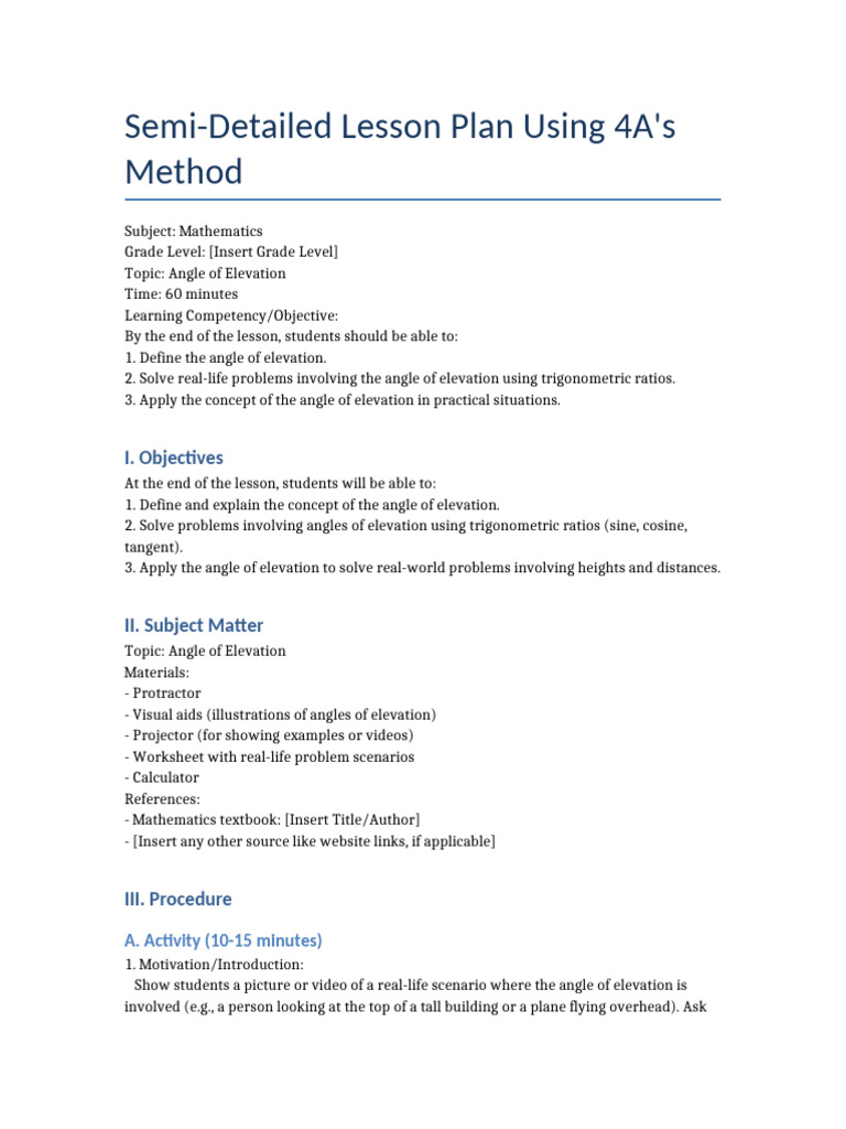 4A Semi-Detailed Lesson Plan Angle of Elevation | PDF | Trigonometric ...