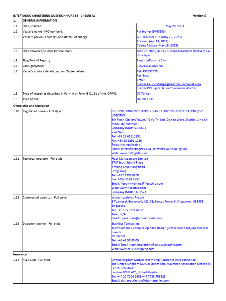 Pvt-Jupiter Q88-Chemical 133290820747999026 | PDF | Tonnage | Ships