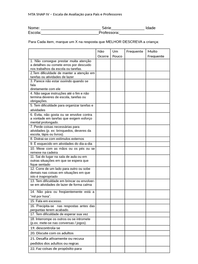 ESCALA - SNAP IV - Escala de AvaliaçãoPais e Professores | PDF