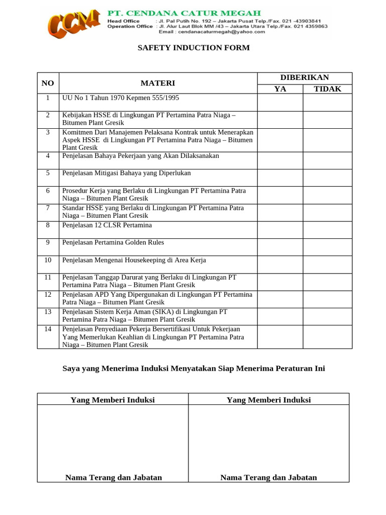 Safety Induction Form | PDF