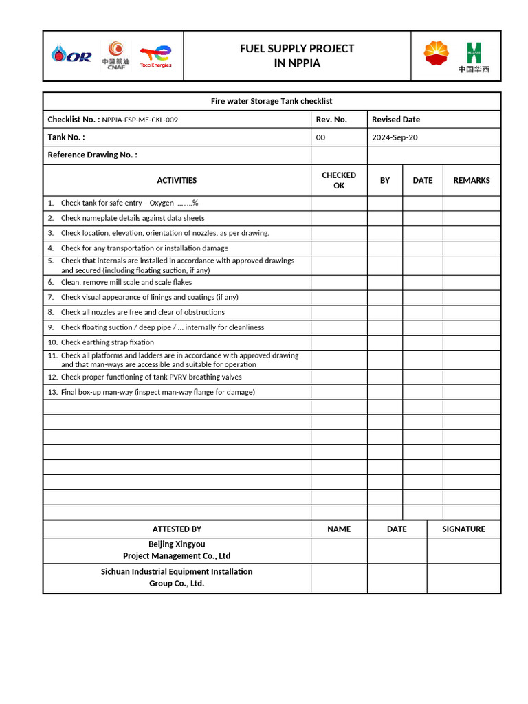 Fire Water Storage Tank checklist-2024.Sep.20-Rev.00 | PDF