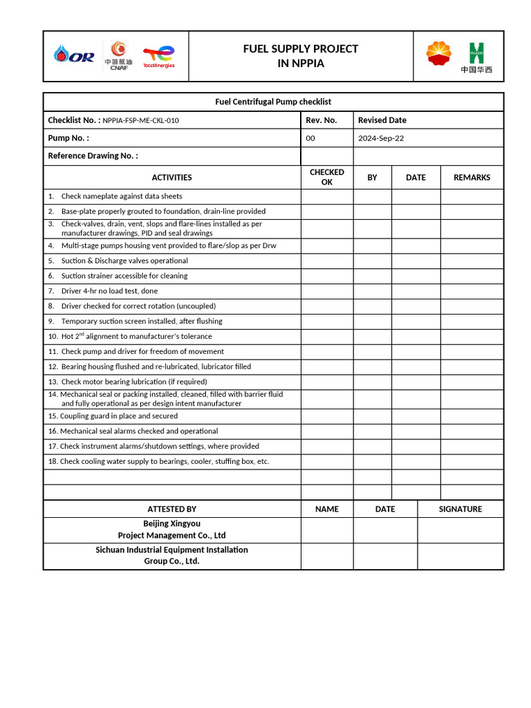 Fuel Centrifugal Pump checklist-2024.Sep.22-Rev.00 | PDF