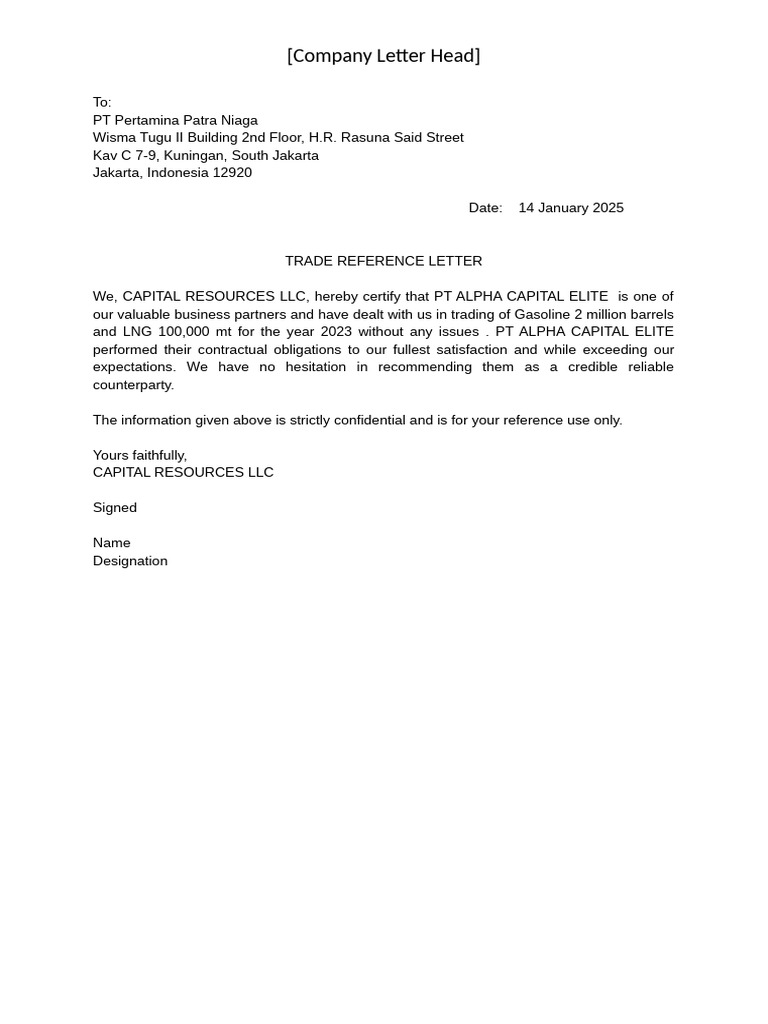Patraniaga Trade Reference Letter | PDF