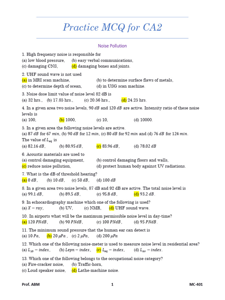 Practice MCQ For CA2 - MCA - 2025 | PDF | Noise | Decibel