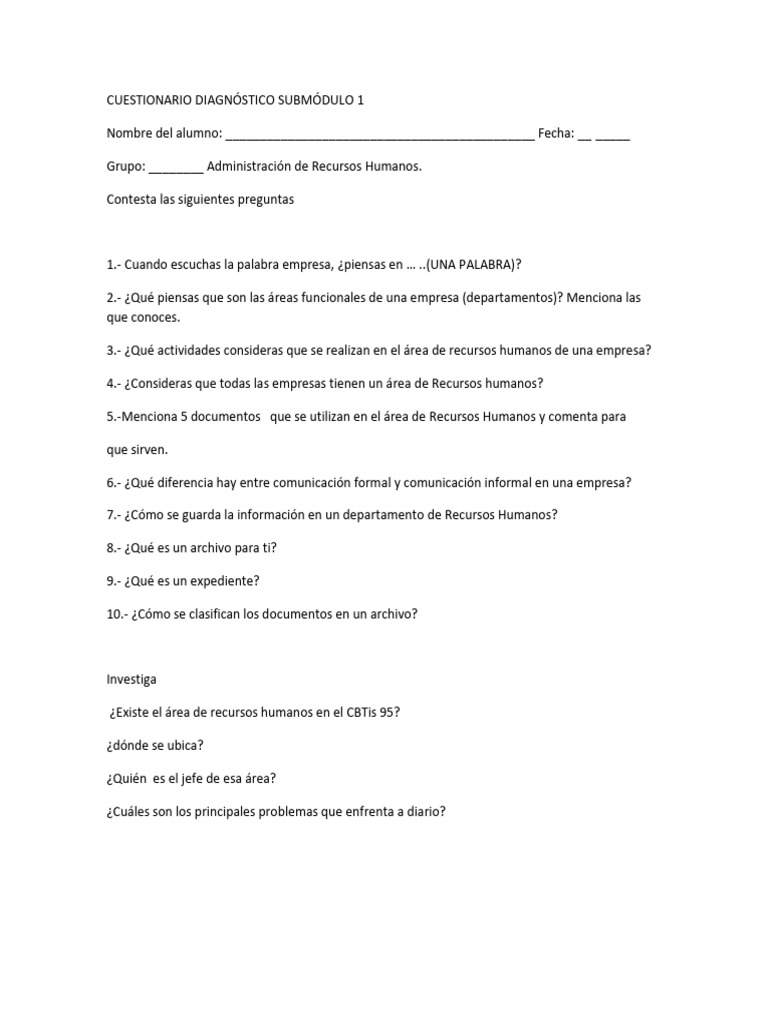 Cuestionario Diagnóstico Recursos Humanos | PDF
