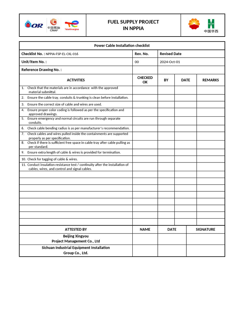Power Cable Installation checklist-2024.Oct.01-Rev.00 | PDF