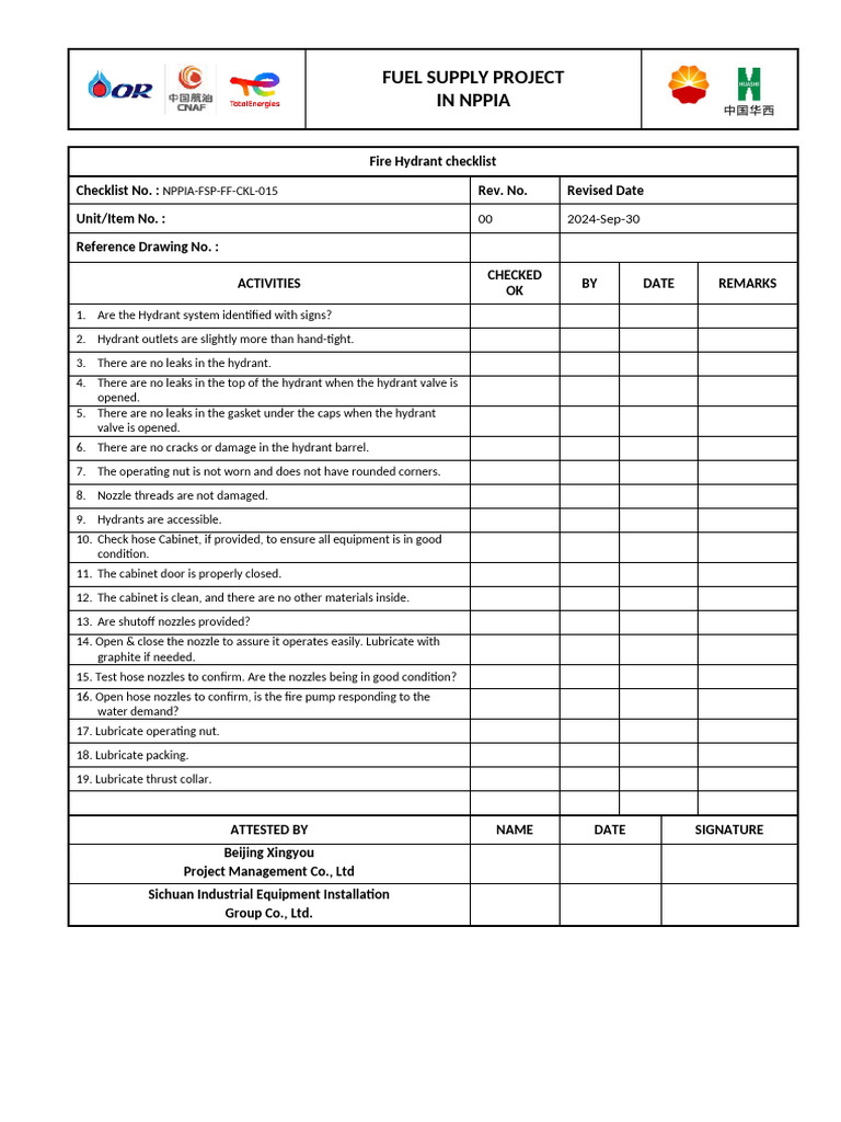 Fire Hydrant checklist-2024.Sep.30-Rev.00 | PDF