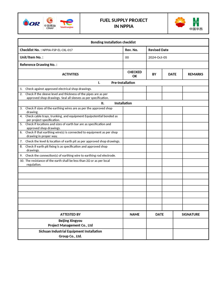 17. Bonding Installation checklist-2024.Oct.05-Rev.00 | PDF