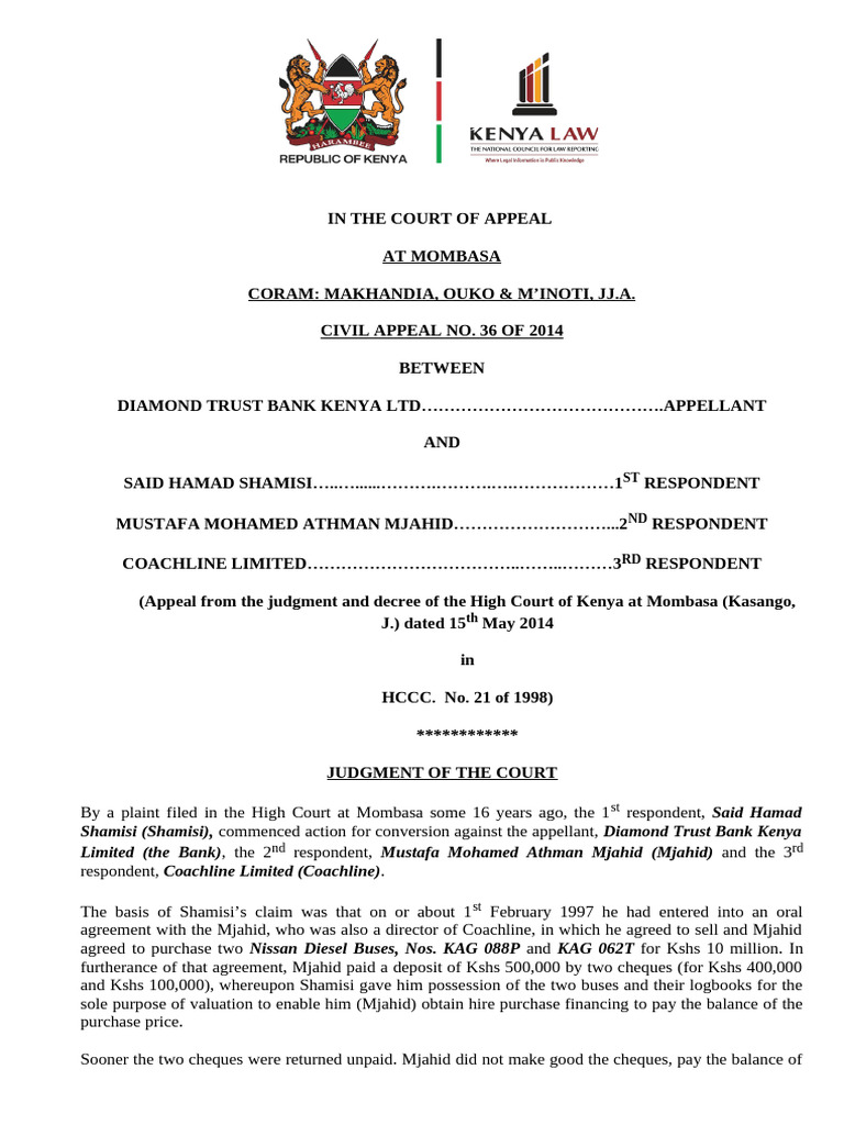Diamond Trust Bank Kenya LTD V Said Hamad Shamisi 2 Others 2015KECA717 ...