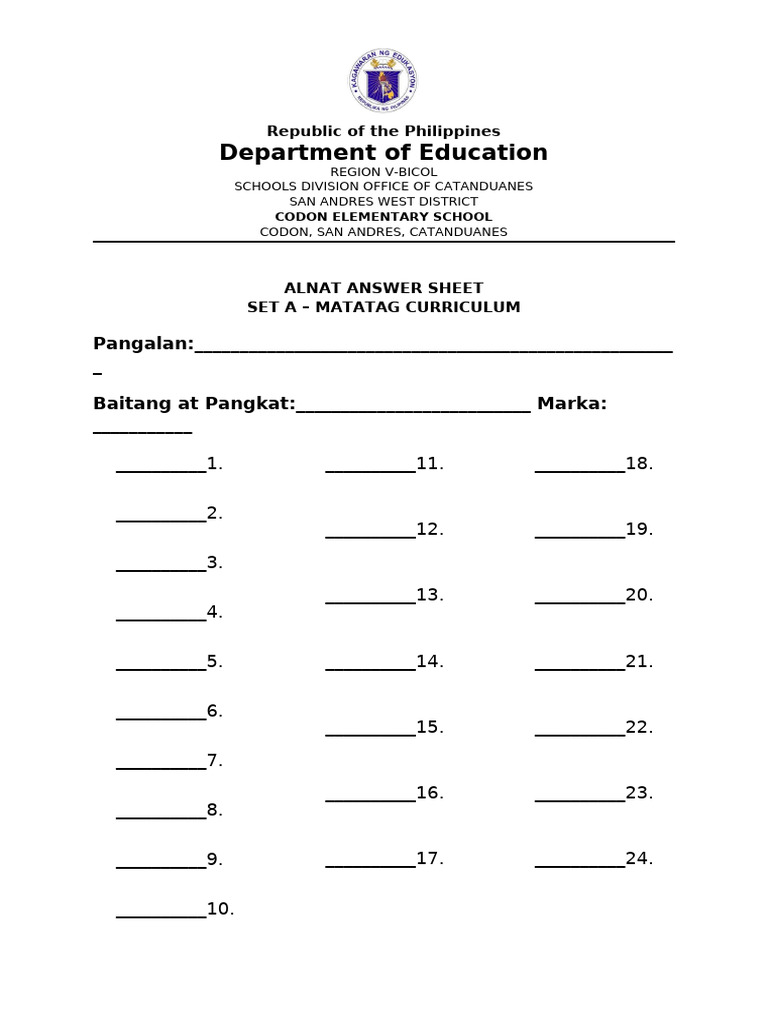 ALNAT answer sheet | PDF