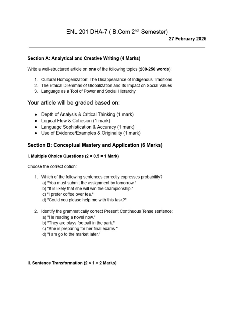 ENL 201 DHA-7 ( B.Com 2nd Semester) 2 | PDF