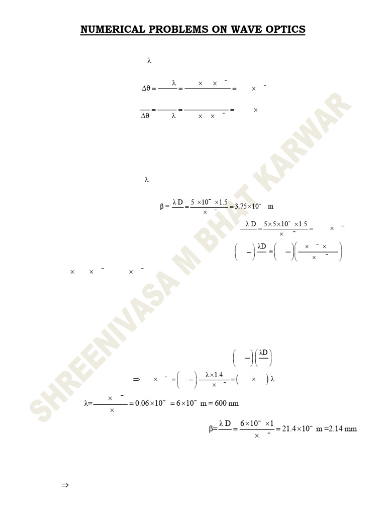 10-WAVE OPTICS - NUMERICAL PROBLEMS | PDF | Angular Resolution | Wavelength