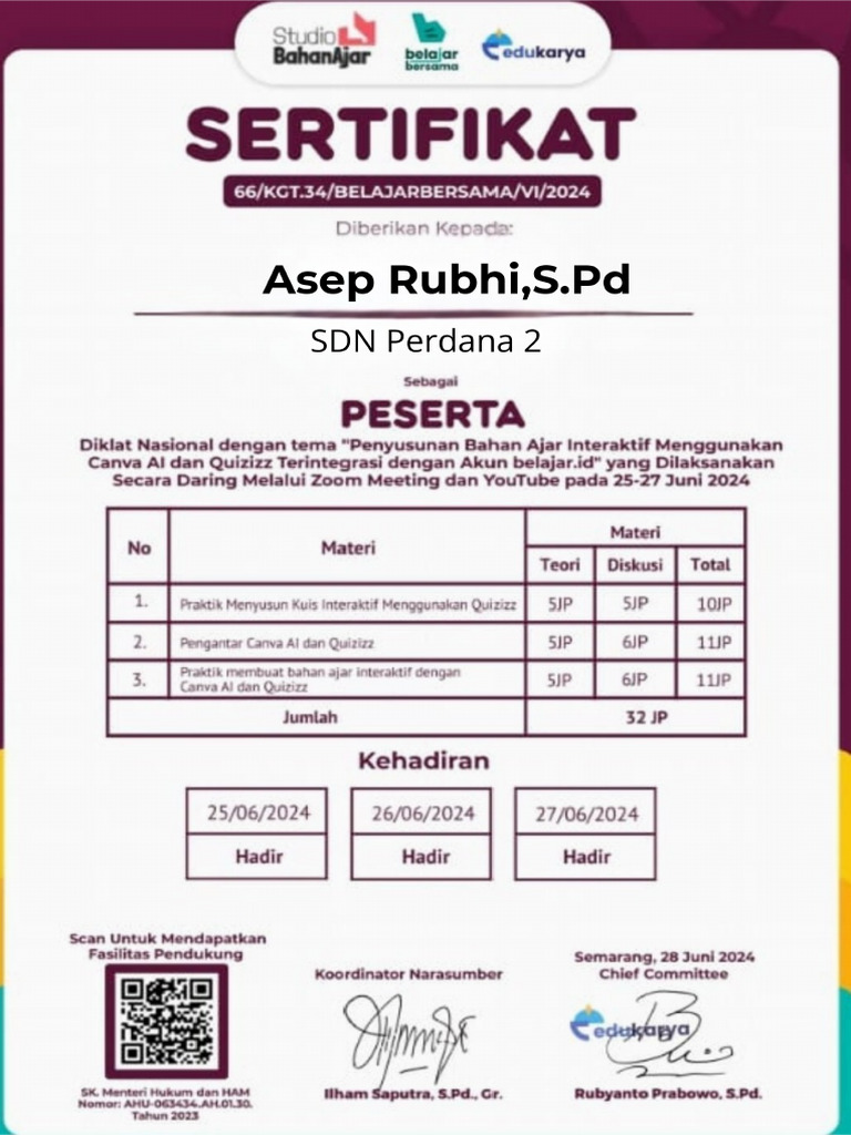 Sertifikat Bahan Ajar Pa Asep Rubhi, S.PD | PDF