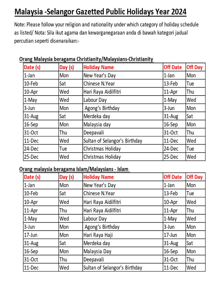 Callender 2024 - Public Holidays - Selangor | PDF | Malaysia | Observances