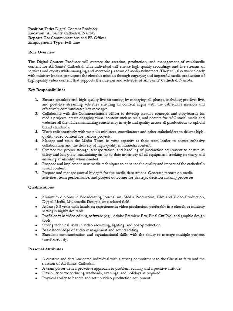 Digital Content Producer at All Saints' Cathedral | PDF | Multimedia ...