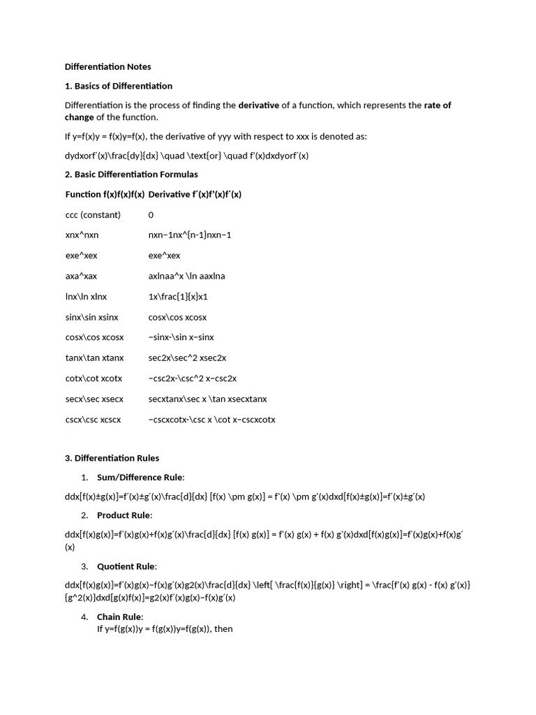 Differentiation Notes | PDF
