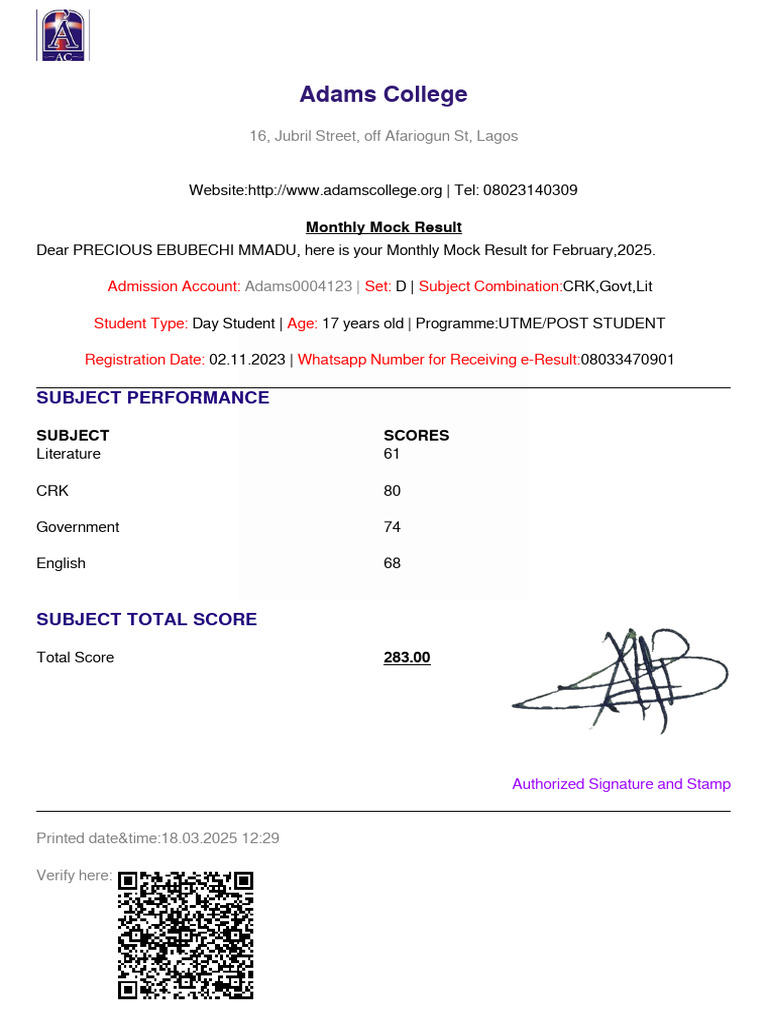 PRECIOUS EBUBECHI MMADU-Monthly Mock Result For February 2025 | PDF