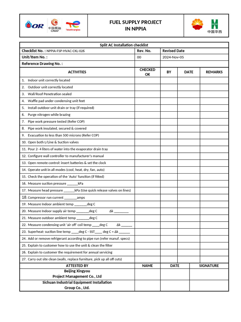 Split AC Installation Checklist-2024.Nov.05-Rev.00 | PDF | Manufactured ...