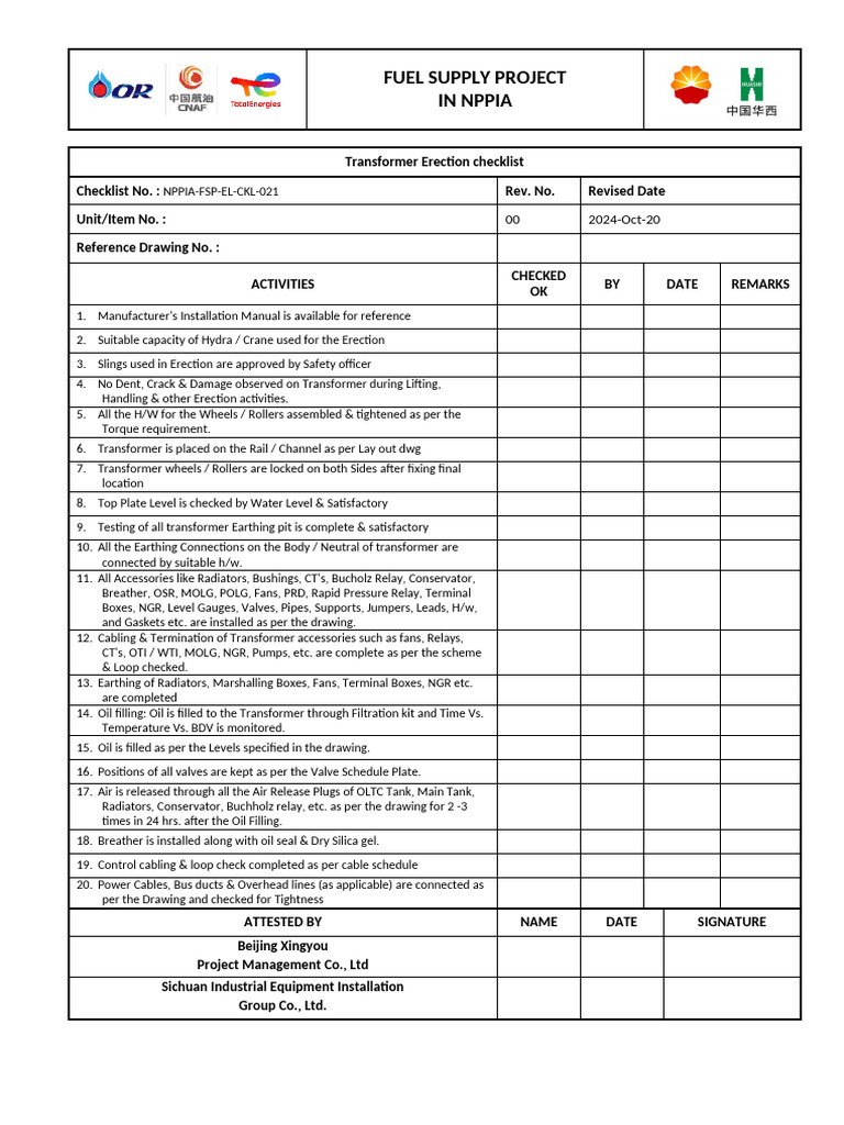 Transformer Erection checklist-2024.Oct.20-Rev.00 | PDF | Transformer | Valve