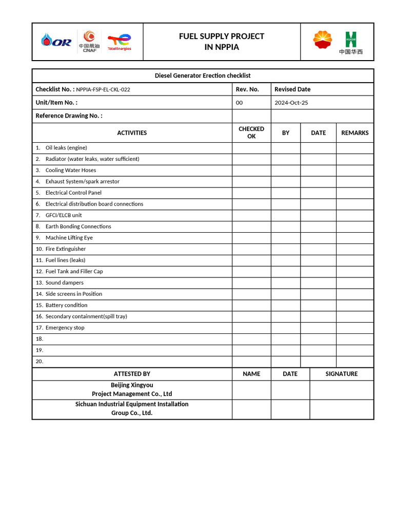 Diesel Generator Erection checklist-2024.Oct.25-Rev.00 | PDF