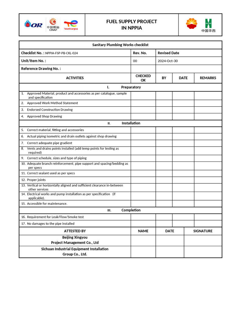 Sanitary Plumbing Works checklist-2024.Oct.30-Rev.00 | PDF