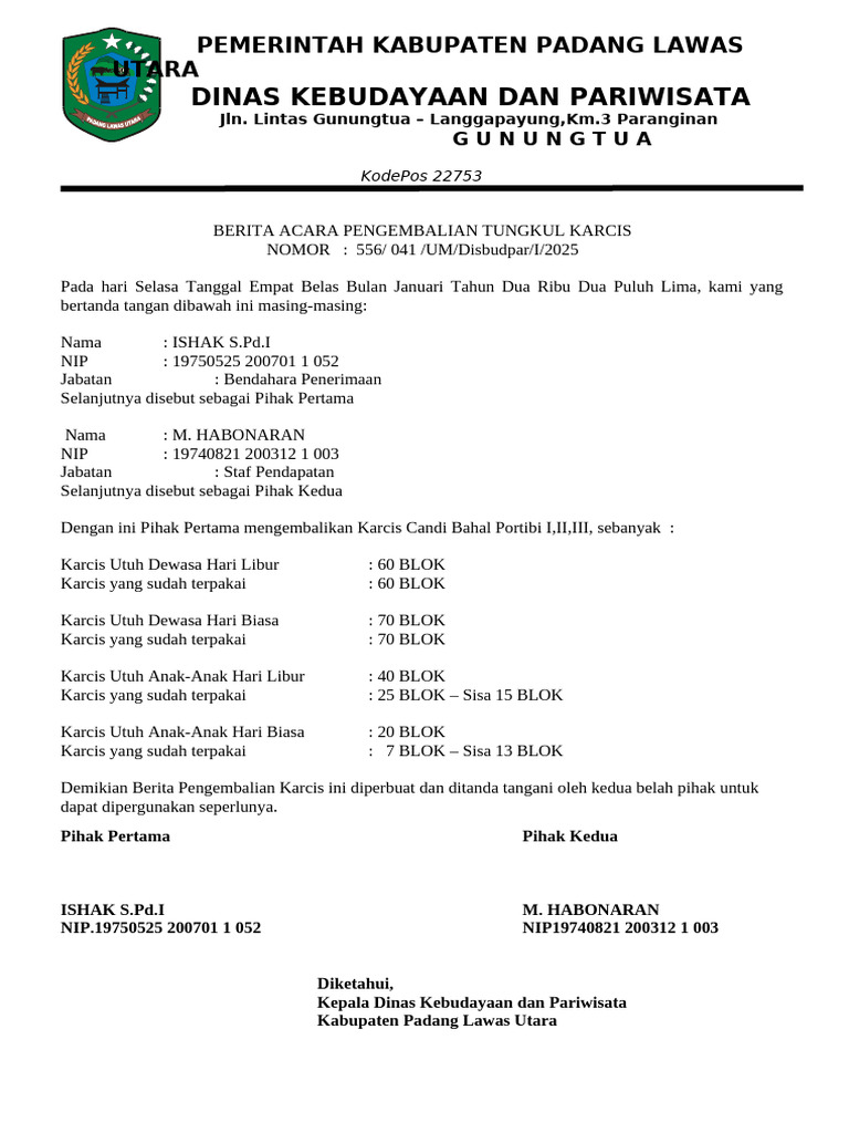 Berita Acara Pengembalian Karcis | PDF