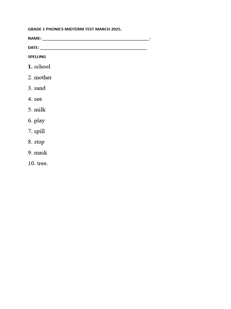 Grade 1 Phonics Midterm Test | PDF