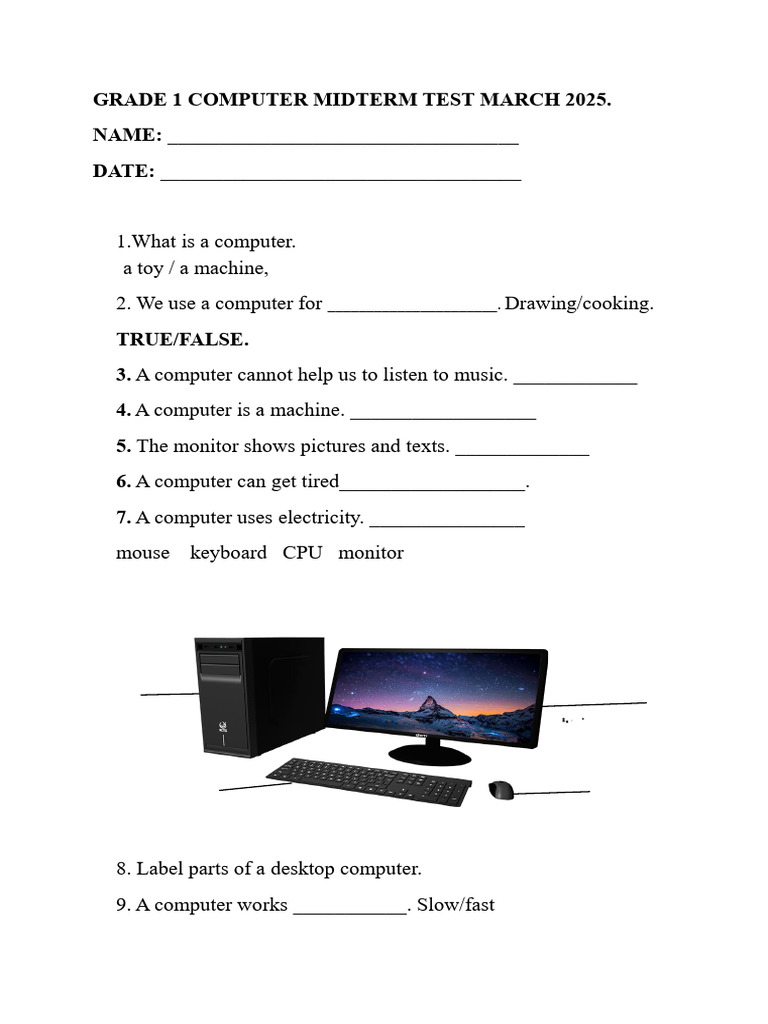 Grade 1 Computer Mid Term Exam | PDF