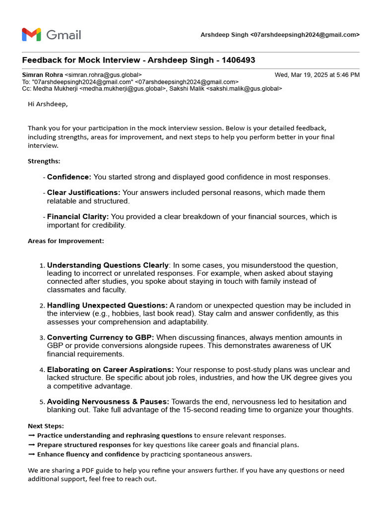 Gmail - Feedback For Mock Interview - Arshdeep Singh - 1406493 | PDF | Communication