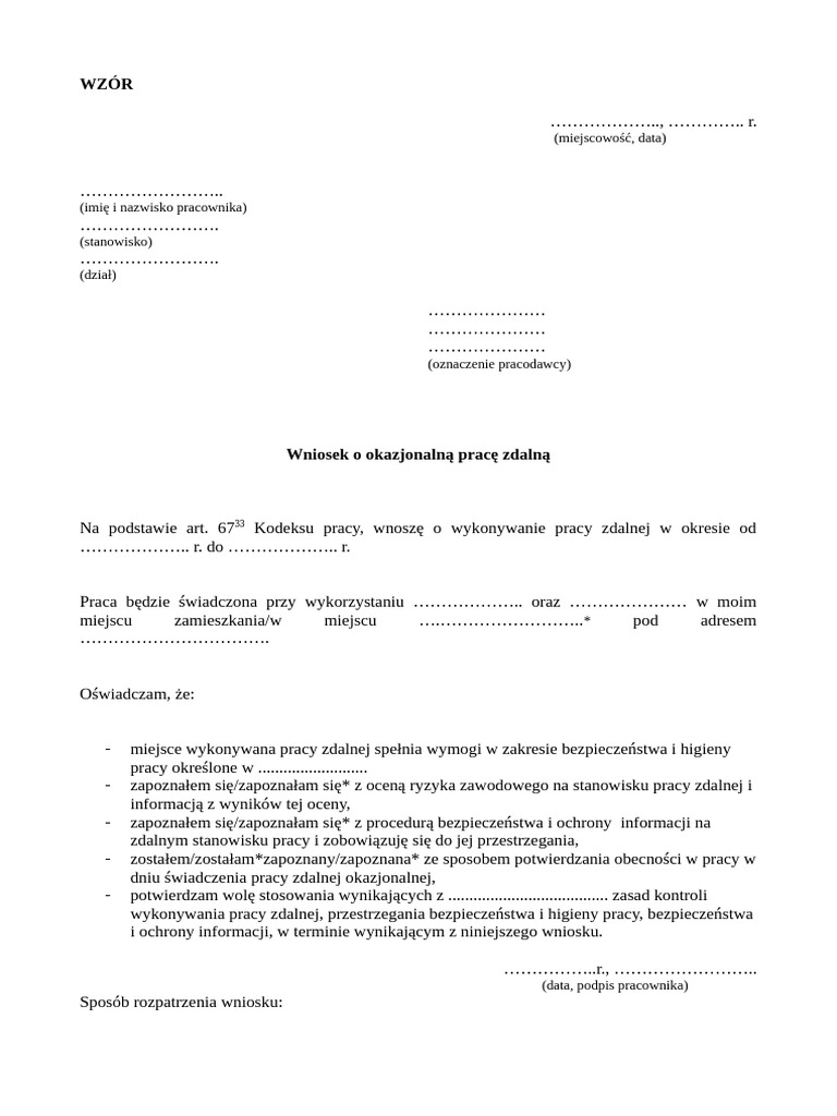 Wniosek O Okazjonalna Prace Zdalna Pdf