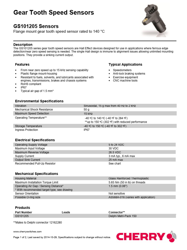 Gear-Tooth-Speed-Sensor-GS101205-Datasheet-1075653 | PDF | Resistor | Gear