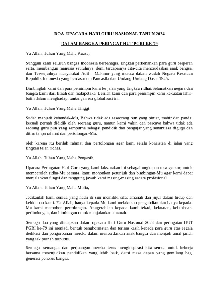 DOA UPACARA HARI GURU NASIONAL TAHUN 2024 | PDF