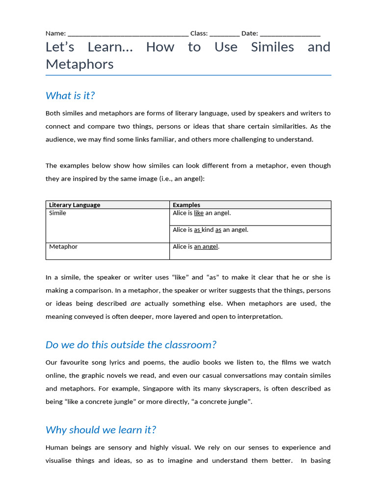 Unit 1 WS 15 Similes Metaphors | PDF | Metaphor | Adjective
