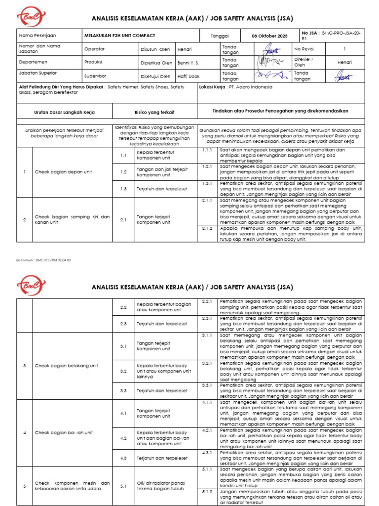 Analisis Keselamatan Kerja P2H Unit Compact | PDF