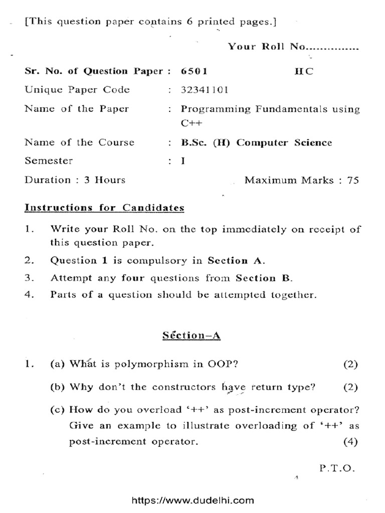 BSC 1 Sem Programming Fundamentals Using CPP 6501 2017 | PDF