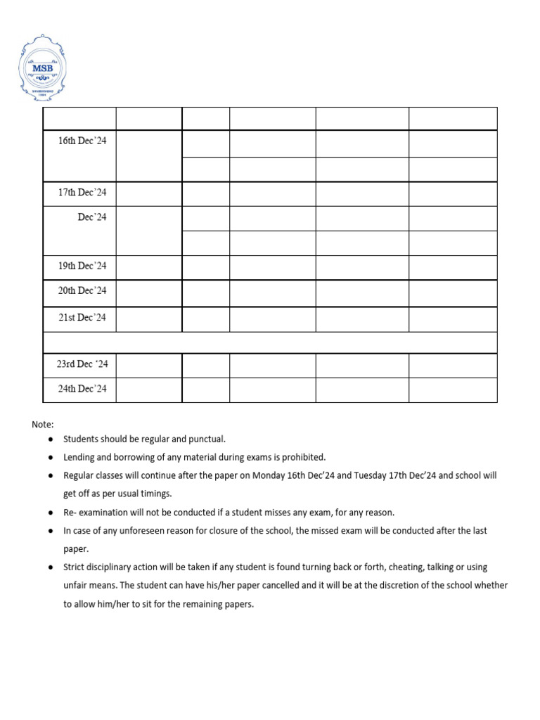 Midterm Time Table 2024-25 | PDF