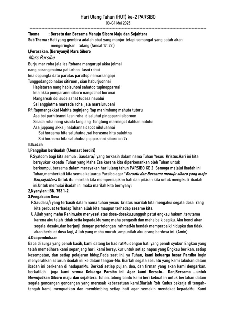 Hari Ulang Tahun Siboro 2025 | PDF