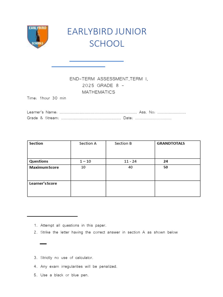 Maths Grade 8 End of Term Assessment | PDF | Triangle | Area