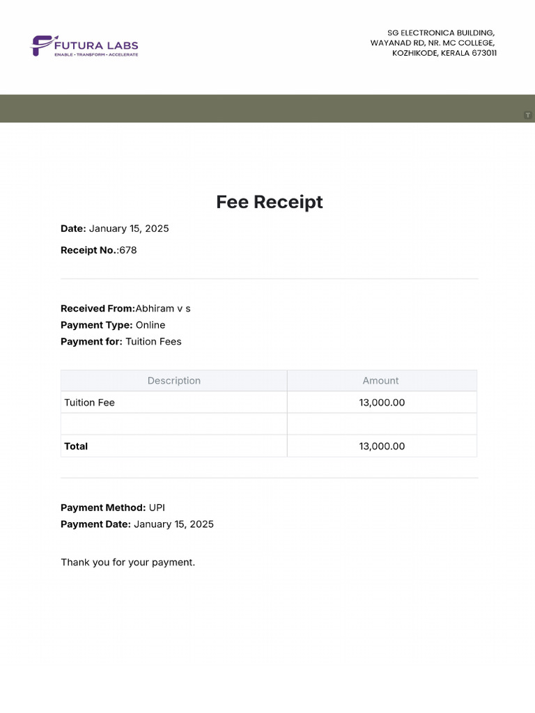 Fee Reciept Abhiramvs | PDF