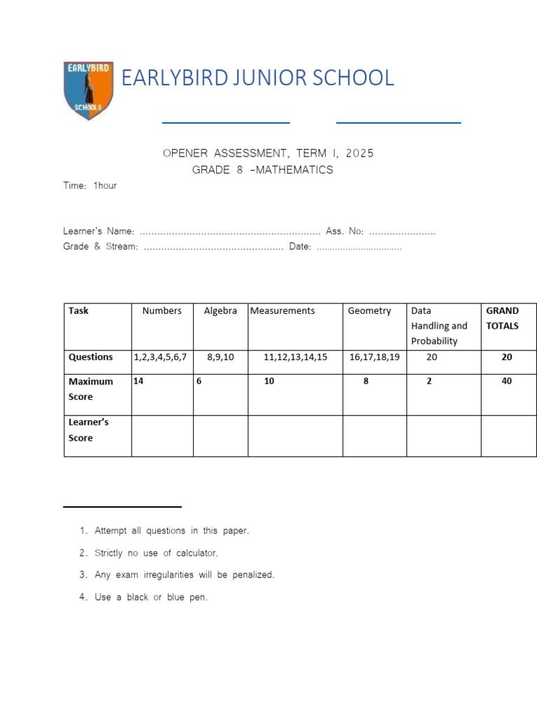 Mathematics GRADE 8 TERM 1 2025 OPENER ASSESSMENT | PDF | Area | Circle