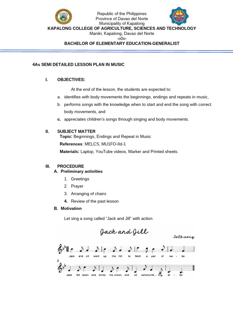 LESSON PLAN IN MUSIC GRADE 1 final_1 | PDF