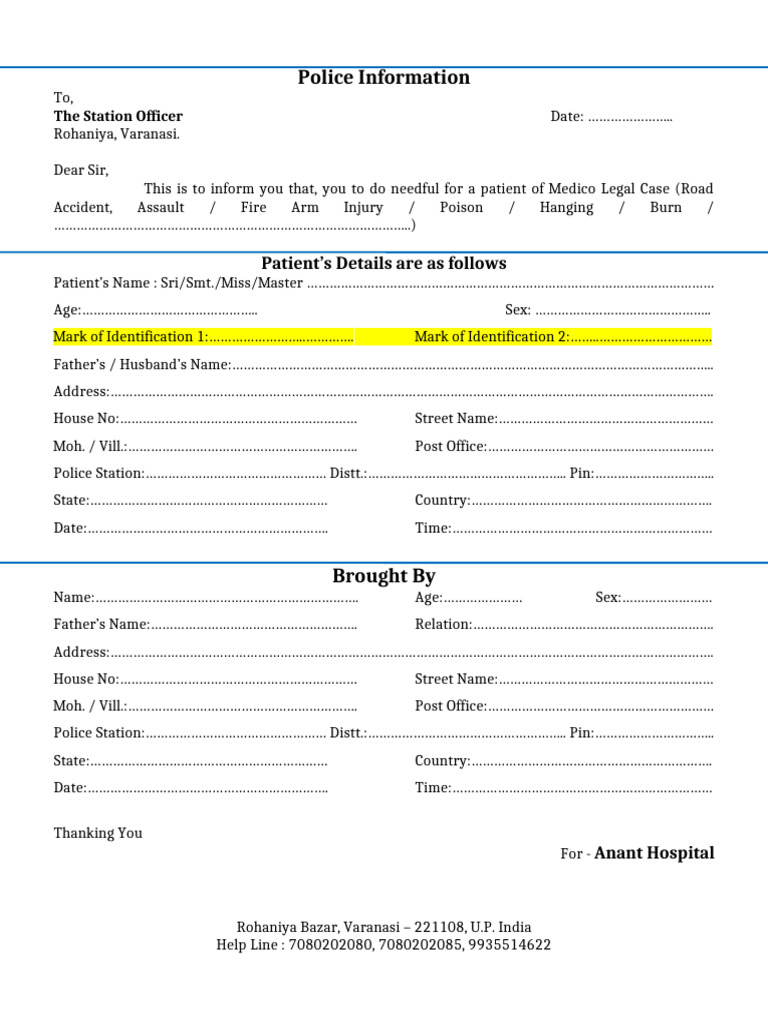 Police Information Form for Hospitals | PDF