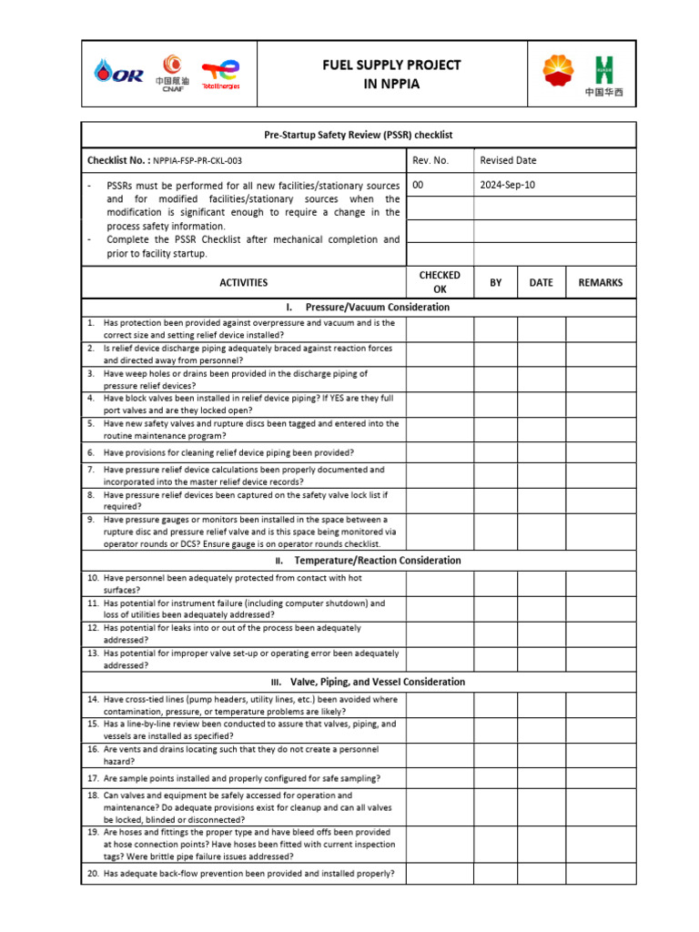 Pre-Startup Safety Review checklist-2024.Sep.10-Rev.00 | PDF | Valve | Pump