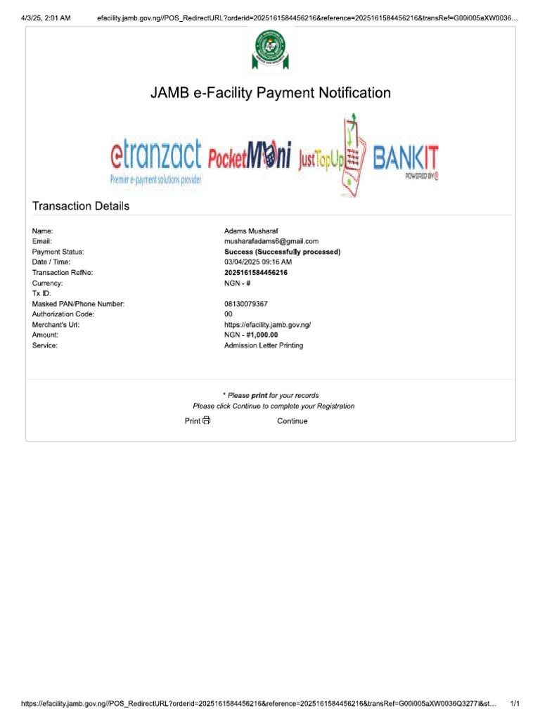 Efacility - Jamb.gov - NG POS RedirectURL ... TransRef ...